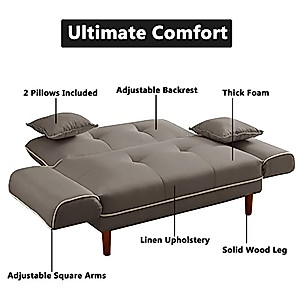 Convertible Futon Sofa Bed with 2 Pillows, Small Loveseat Sleeper Sofa Futon Couch, Recliner Couch with Adjustable Armrest and Wood Legs, Living Room Sofa with 5-Angle Backrest for Small Space (Grey)