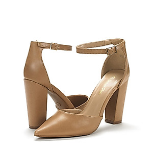 DREAM PAIRS Women's Coco High Heels Chunky Block Pumps Pointed Closed Toe Ankle Strap Dress Shoes,Size 7.5,Nude/Pu,Coco