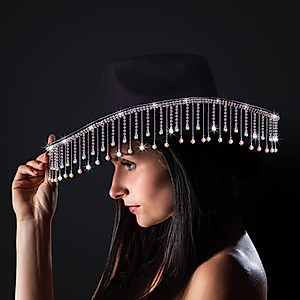 MGupzao Black Cowgirl Hat Bachelorette Party,AB Diamond Cowboy Hat Costume Accessories for Women Men,Bride to be Gift,Cow Girl Hats Novelty with Rhinestone Tassel Design Adjustable Neck Drawcord