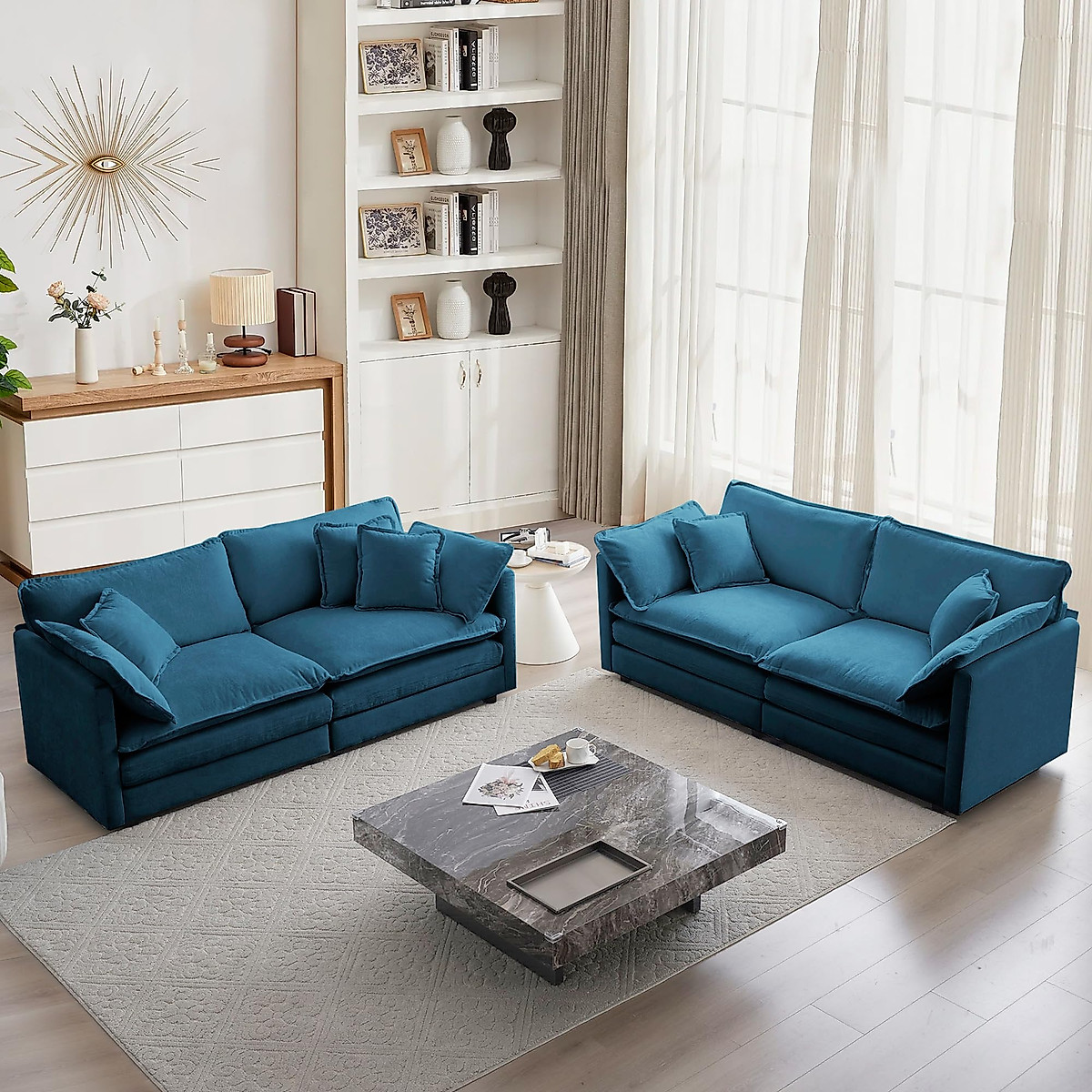 mikibama Luxury 2 Piece Sofa Set, 2 Pieces of Loveseat Sofa, Modern Chenille Comfy Cloud Couches Set for Living Room Office with 4 Armrest Pillows and 4 Toss Pillows, Blue