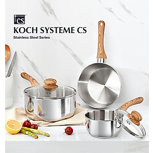 KOCH SYSTEME CS Stainless Steel Saucepan Set, 1QT & 2QT & 3QT Sauce Pan with Heat-resistant Bakelite Handle, Premium Stainless Steel Pot Set, Induction Sauce Pan Sets, Stainless Steel Pots 6 Piece