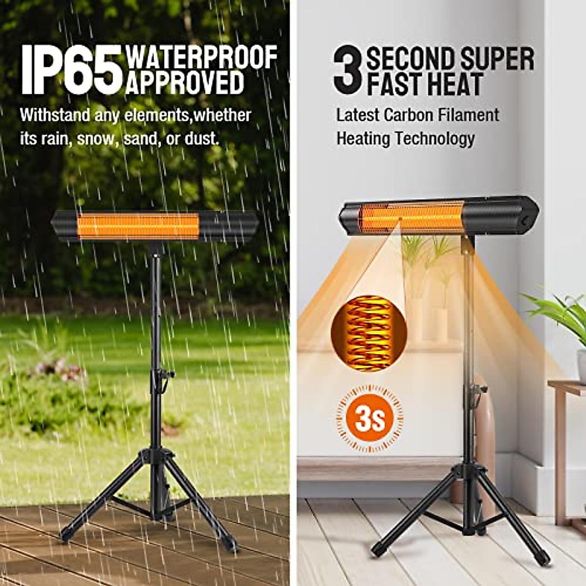 SIEANE Outdoor Patio Heater Electric Carbon Infrared Wall Mounted/Ceiling/Tripod 1500W Adjustable Temperature Instant Warm Heater with Remote Control IP65 Waterproof Heater for Garage Backyard
