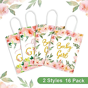 16 Pack Baby Shower Party Favor Bags Baby Shower Party Favors Baby Girl Treat Bags Floral Theme Pink Candy Goodie Bags Kraft Wrap Bags with Handles for Girls Baby Shower Party Decorations Supplies