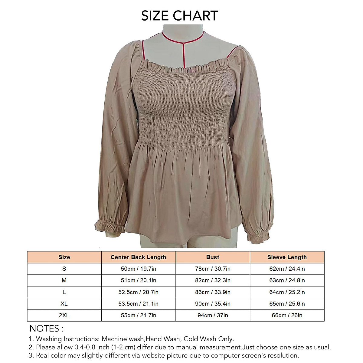 Women’s Casual Top Long Sleeve Neck Smocked Ruffle Hem Slim Babydoll Blouse Shirt Tunics Khaki