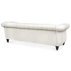 FANYE 84.65" 3-Seaters Chesterfield Clasic Luxury Roller Armrest Soild Wood Legs Sectional,Button Tufted PU Leather Upholstered Modular Sofa Couch with Reversible Cushions & Nailhead Decor, White