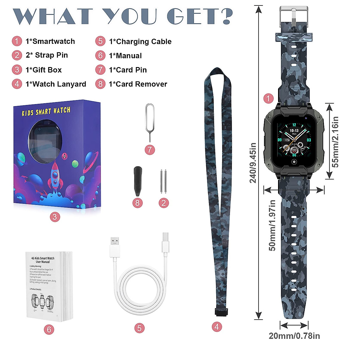 cjc Kids Smart Watch, 4G Kid Smartwatch with GPS Tracker and Calling, SOS Kids Cell Phone Watch, 3-15 Years Boys Girls