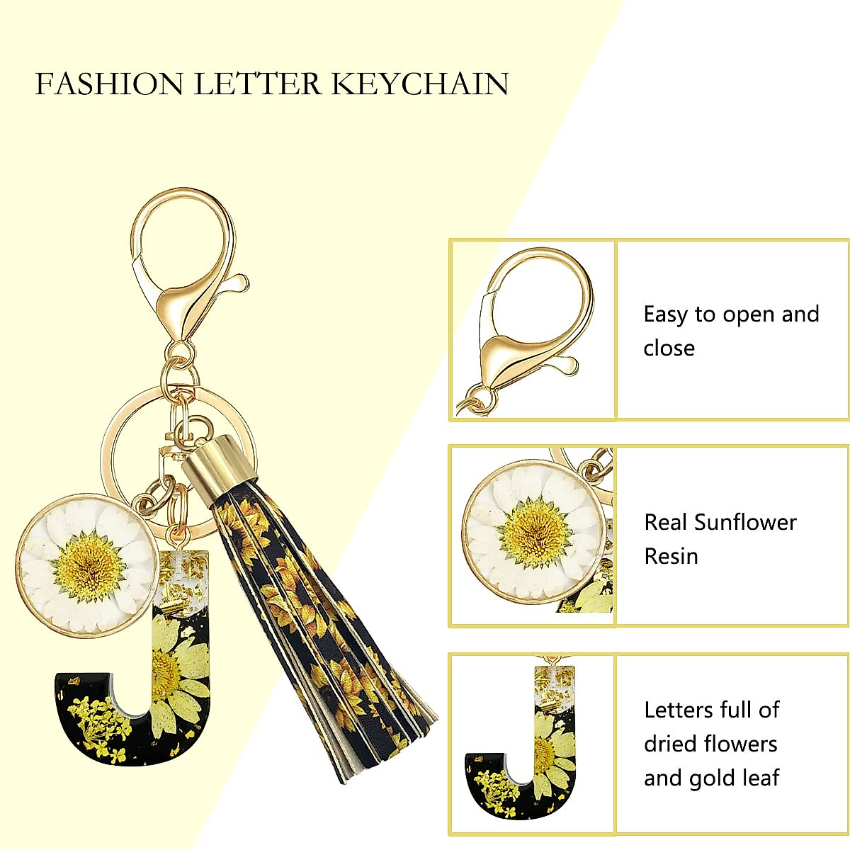 XGALBLA Letter J Keychain Accessories Cute Sunflower Initial Key Ring Premium Bag Charm Keychain Accessories for Women