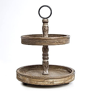 Hallops Wood 2 Tiered Tray | Rustic Farmhouse Decor | Rustic Serving Cake Stand | Galvanized Kitchen Table | Fall Decor | Food and Party Display(Brown)
