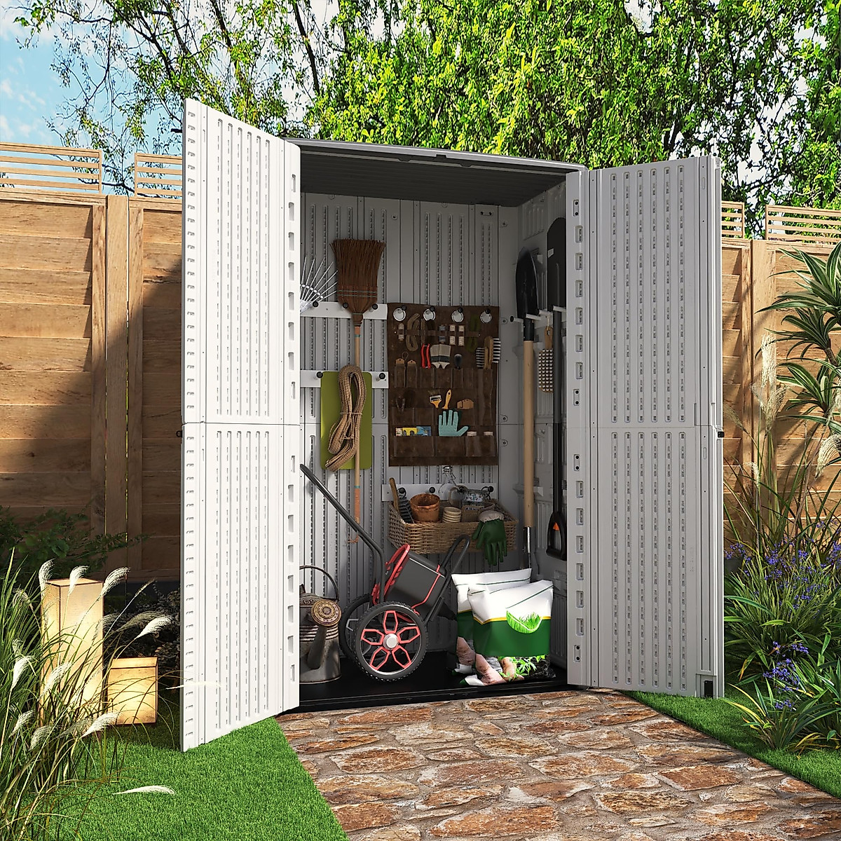 KINYING Outdoor Storage Cabinet Waterproof, Resin Vertical Outdoor Storage Shed for Patio Furniture, Garden Tools, Pool Accessories, Mower Storage (66 Cu.ft, Off White)