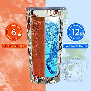 Zemwundy Red and white cherry blossoms 20oz tumbler stainless steel vacuum insulated coffee cup car cup travel mug water bottle with lid for hot and cold drinks
