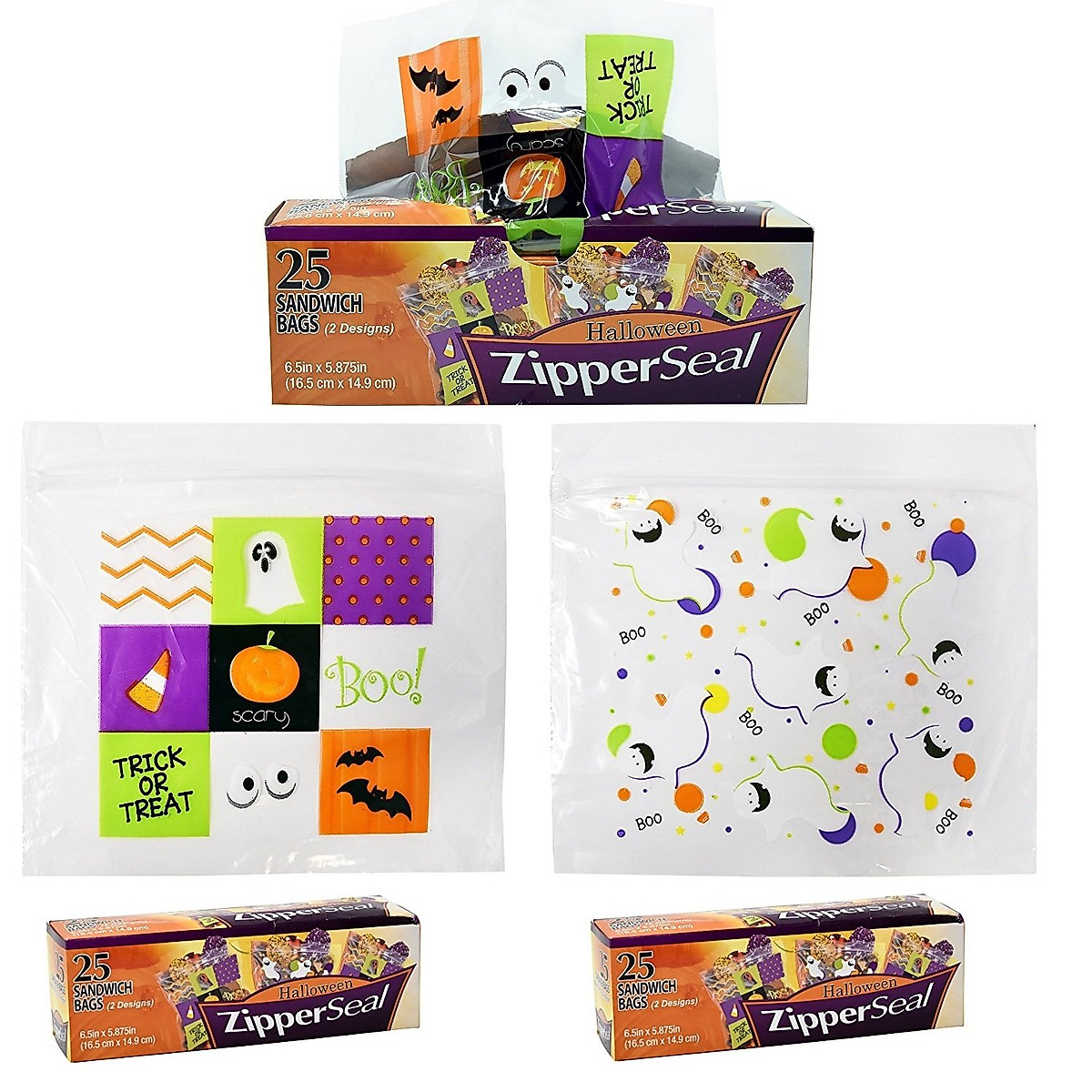Set of 75 Halloween Zipper Seal Sandwich Bags - Assorted Halloween Fun Designs - Great for Treats
