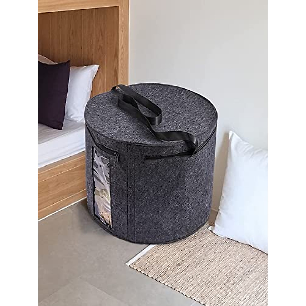 Hat Storage Box- 19" x 17.3" Foldable Felt Hat Box with Dustproof Lid for Beach Cowboy Hat- Large Round Hat Organizer Hat Boxes for Men Women Stuffed Animal Toy Clothes