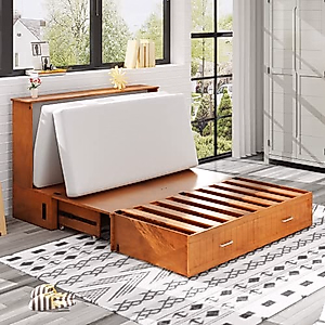 Mixoy Queen Size Murphy Bed with Foam Mattress, Cabinet Bed with Charging Station, Murphy Bed Chest with Large Drawer (Style2, Cherry)