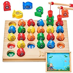 JoyCat Wooden Magnetic Fishing Game for Toddlers, Alphabet Educational Color Sorting Games Puzzle, Fine Motor Skills Toy with Letters, Preschool Learning ABC Toys Gift for Kids 3 4 5 Years Old