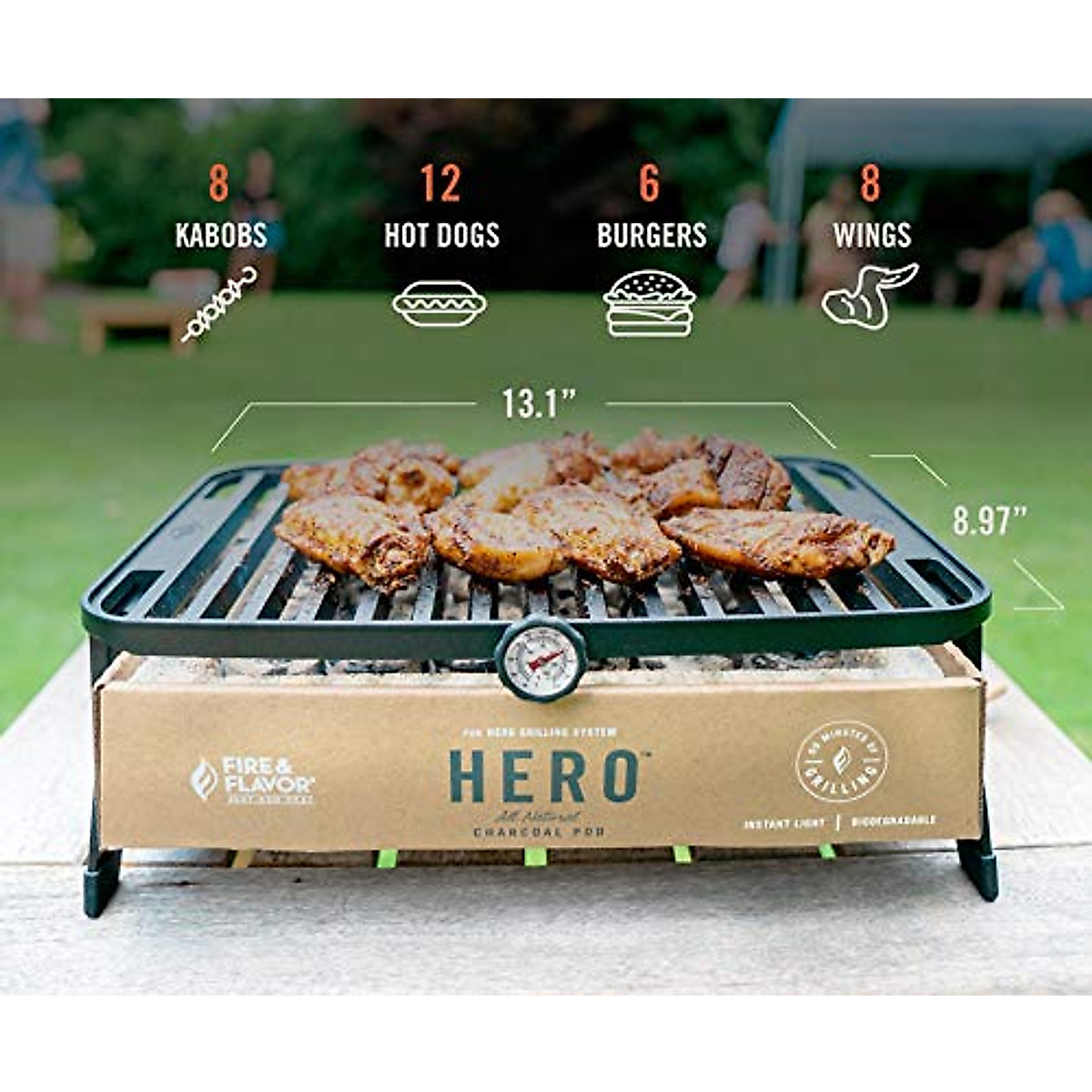 Fire & Flavor Hero Grill System - Ultra-Portable Grill for Camping, Tailgating, and BBQ on the Go - Tabletop Charcoal Grill Set Comes with Spatula, Thermometer, and Cutting Board
