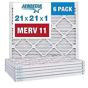 Aerostar 21x21x1 MERV 11 Pleated Air Filter, AC Furnace Air Filter, 6 Pack (Actual Size: 20.875" x 20.875" x 0.75")