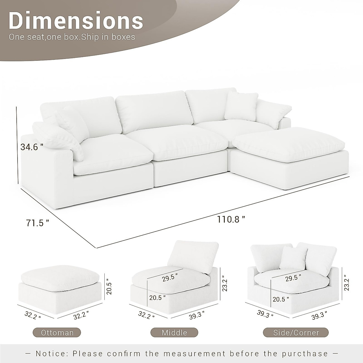 Gtilzria Sectional Couches for Living Room,Down Filled Comfy Sofas,White Modular Couch with Linen Fabric,L Shaped Convertible Sofa with Removable Cushion Covers,for Modern Apartment Office