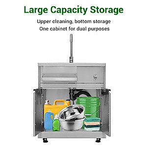 Portable Stainless Steel Sink Station, 32 Inch Single Bowl Kitchen Sink Cabinet, Freestanding Commercial Restaurant Bar Sink with Faucet, Mobile Sink with Hose Hook Up, Bottle Opener and Storage Tray