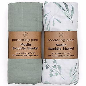 Organic Baby Muslin Swaddle Blankets for Boy or Girl - Eucalyptus Leaves and Sage Swaddle Blanket 2 Pack - Soft Organic Cotton and Natural Bamboo Muslin, XLarge and Breathable, Boho Baby, 47" X 47"