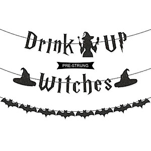 Stcomart Pre-Strung Glitter Drink Up Witches Banner for Halloween Witch Decorations, Witch Halloween Decor, Halloween Party Decorations, Black