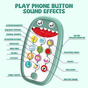 Baby Dinosaur Cell Phone Toy Removable Soft Teether Case, Lights, Music & Adjustable Volume Kids Play & Learn Pretend Phone Infant Toddler, Preschool Holiday Birthday Gift Girl Boy 18 Months (Green)