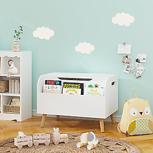 Wooden Toy Box, Kids Toy Storage Organizer with Front Bookshelf, Flip-Top Lid, Safety Hinge, Boys Girls Toy Chest Bench for Playroom Kids Room Organization (White)