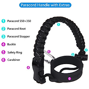Wongeto 2.0 Paracord Handle with Shoulder Strap Compatible with Hydro Flask 2.0 Wide Mouth Water Bottle 12oz to 64oz-Water Bottle Strap Carrier for Gym School Running Walking Camping (Black)