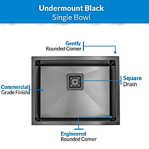 Strictly Sinks 23 Inch Undermount Kitchen Sink – Black Single Bowl 16 Gauge Stainless Steel Bar Prep Kitchen Sink Stain Resistant – With 1 Square Disposal Adapter, 1 Strainer Drain & Bottom Grid