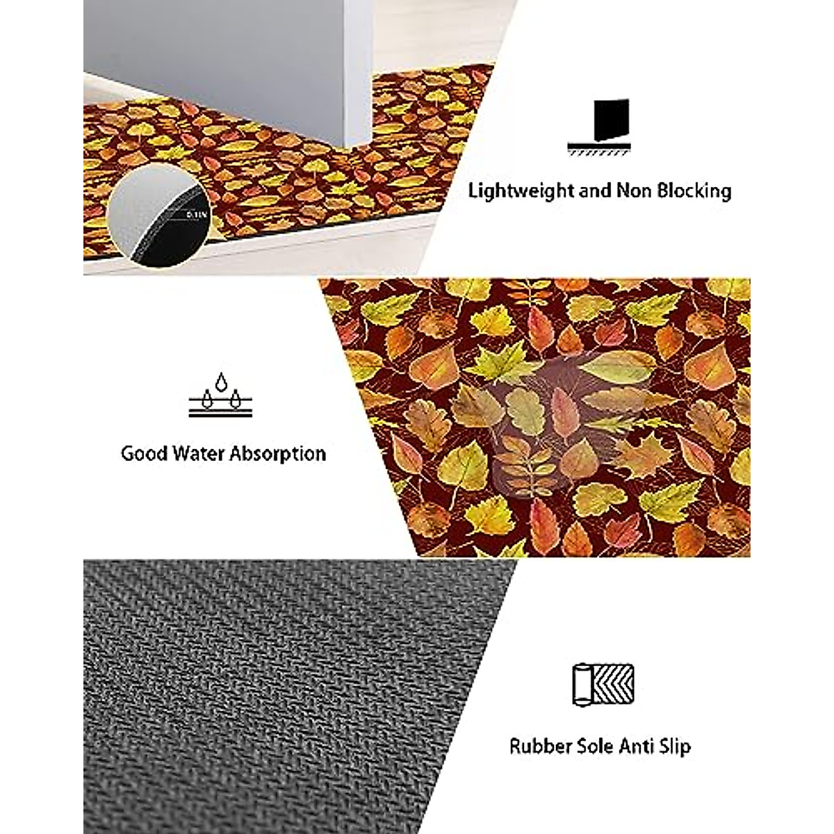 Fall Maple Leaves Bath Mat for Tub,Non Slip Bathroom Floor Runner Rug Quick Dry & Absorbent Diatomaceous Earth Shower Sink Kitchen Washable Doormat,Thanksgiving Autumn Farmhouse Country Rustic 20"x47"