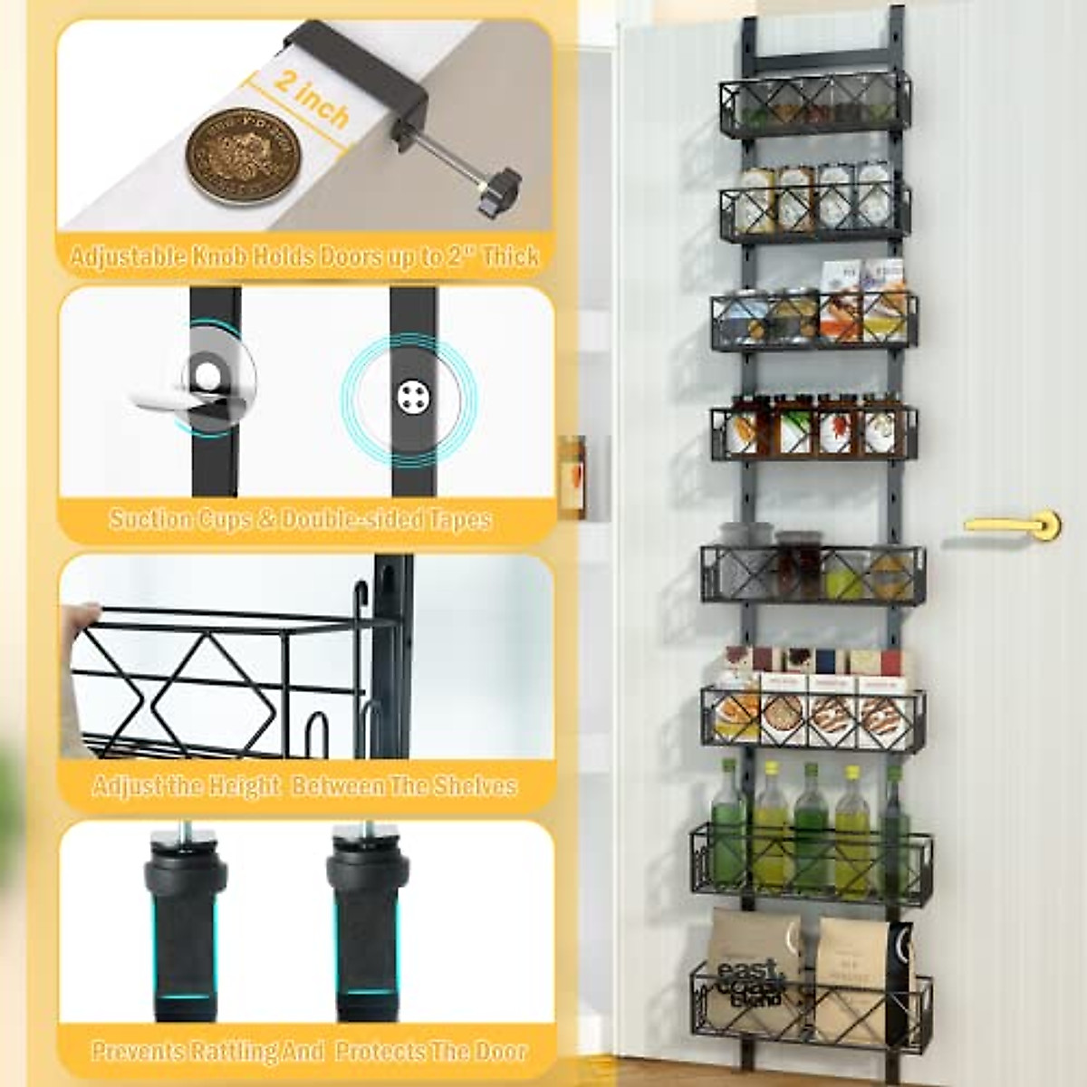 Over the Door Pantry Organizer 8-Tier Adjustable Baskets Hanging Spice Door Rack - 13.78" W x 65.16" H Behind the Door Storage for Kitchen, Bathroom, and Closet Organization