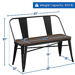 Yaheetech Industrial Metal Bench Mid-Century 3 Person Chair Dining Room Long Farmhouse Bench with Wood Seat,Removable Backrest,Black