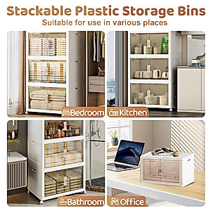 Foldable Storage Bins with Lids 76QT, Stackable Storage Containers with Wheels and Magnetic Doors, Plastic Clothes Closet Organizers and Storage Box for Room, Pantry, Home and Office (4 Pack)
