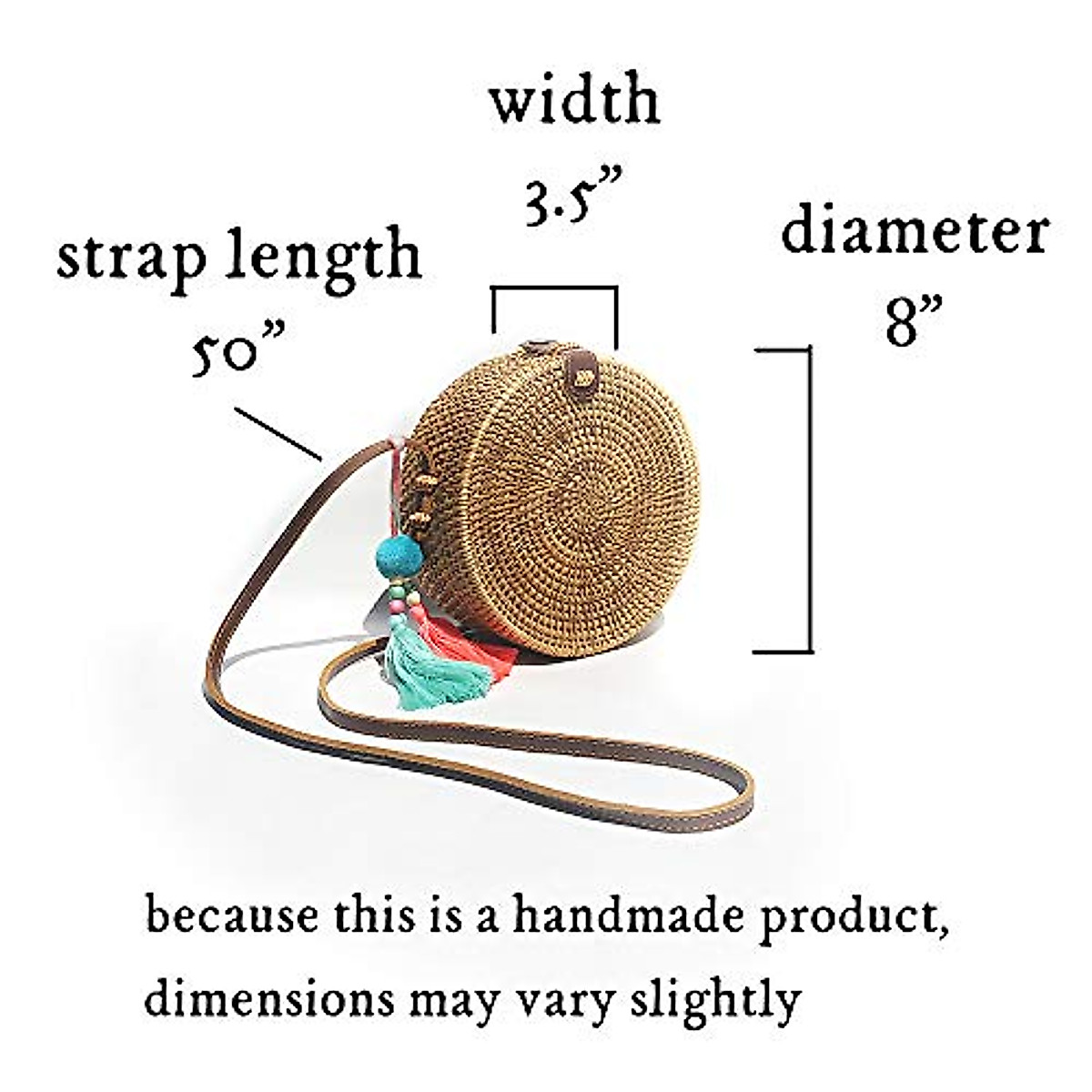 Handwoven Round Rattan Bag, Leather Shoulder Strap, Two Pocket Boho Bali Wicker Crossbody Handbag