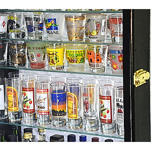 Large Mirror Backed and 7 Glass Shelves Shot Glasses Display Case Holder Cabinet , Black