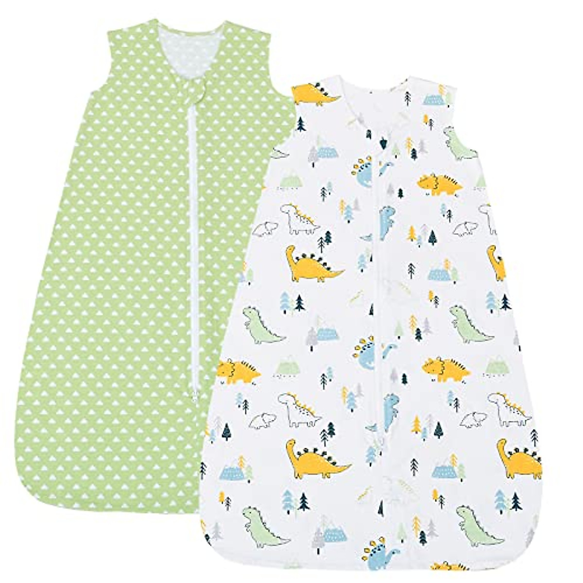 PHF 100% Cotton Baby Sleep Sack, 0-6 Months Baby Wearable Blanket, 2-Way Zipper Infant Sleeping Sack for Baby Boys Girls, 2 Pack Comfy Small Size Sleeveless Sleeping Bags, Dinosaur & Green Geometry