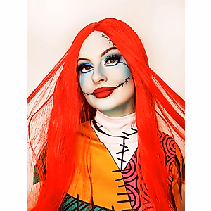 ALLAURA Red Wig Sally Nightmare Before Christmas Cosplay, Realistic Bright Red Long Wig for Women Men Anime Wigs — Compatible with Sally Nightmare Before Christmas Wig