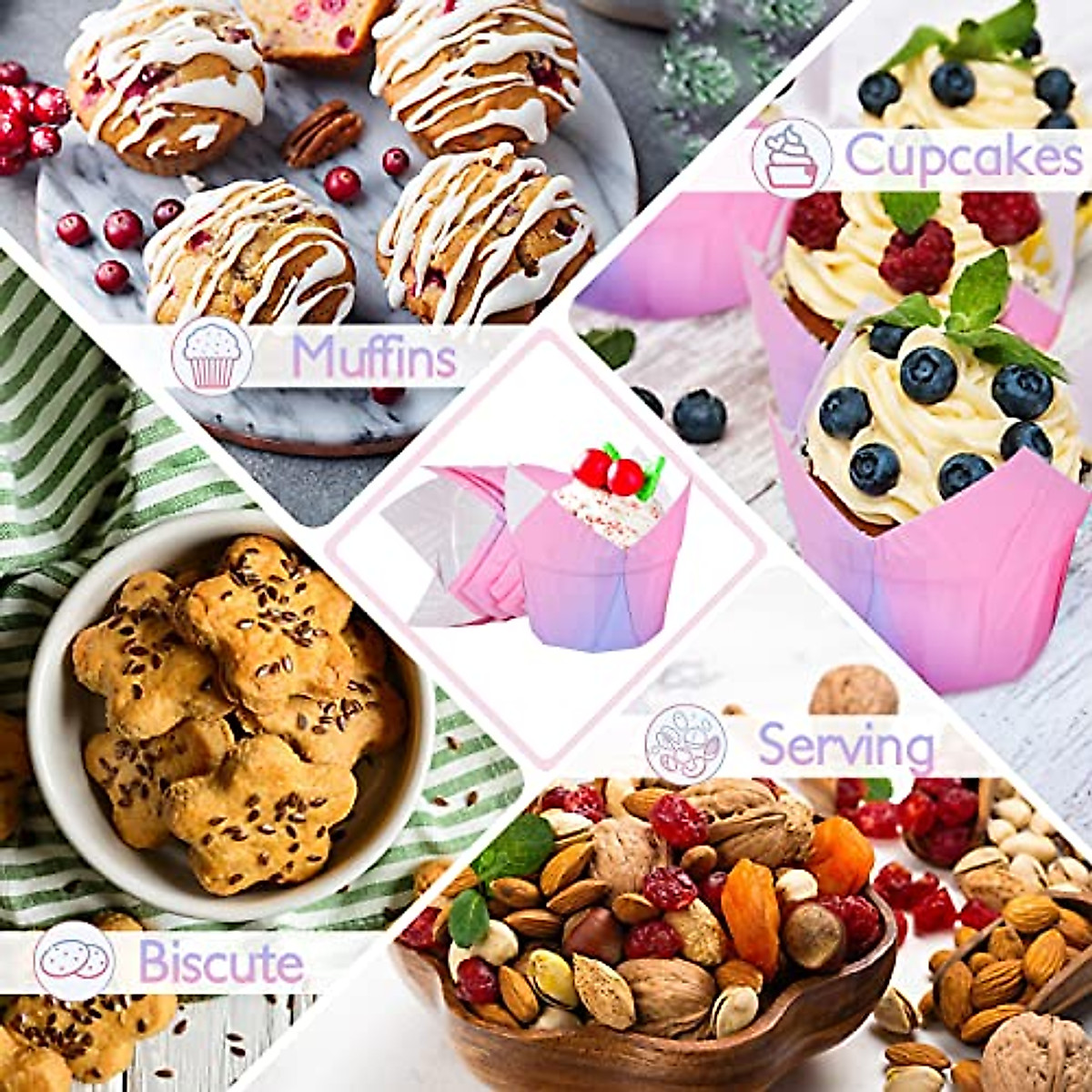 100 Pack Tulip Baking Cupcake Liners, Food Grade Greaseproof Paper Dessert Cup, Festival Gradient Color Muffin Cups Holder, 2x2 inches Cake Container Wrapper for Party, Wedding, Birthday, Christmas