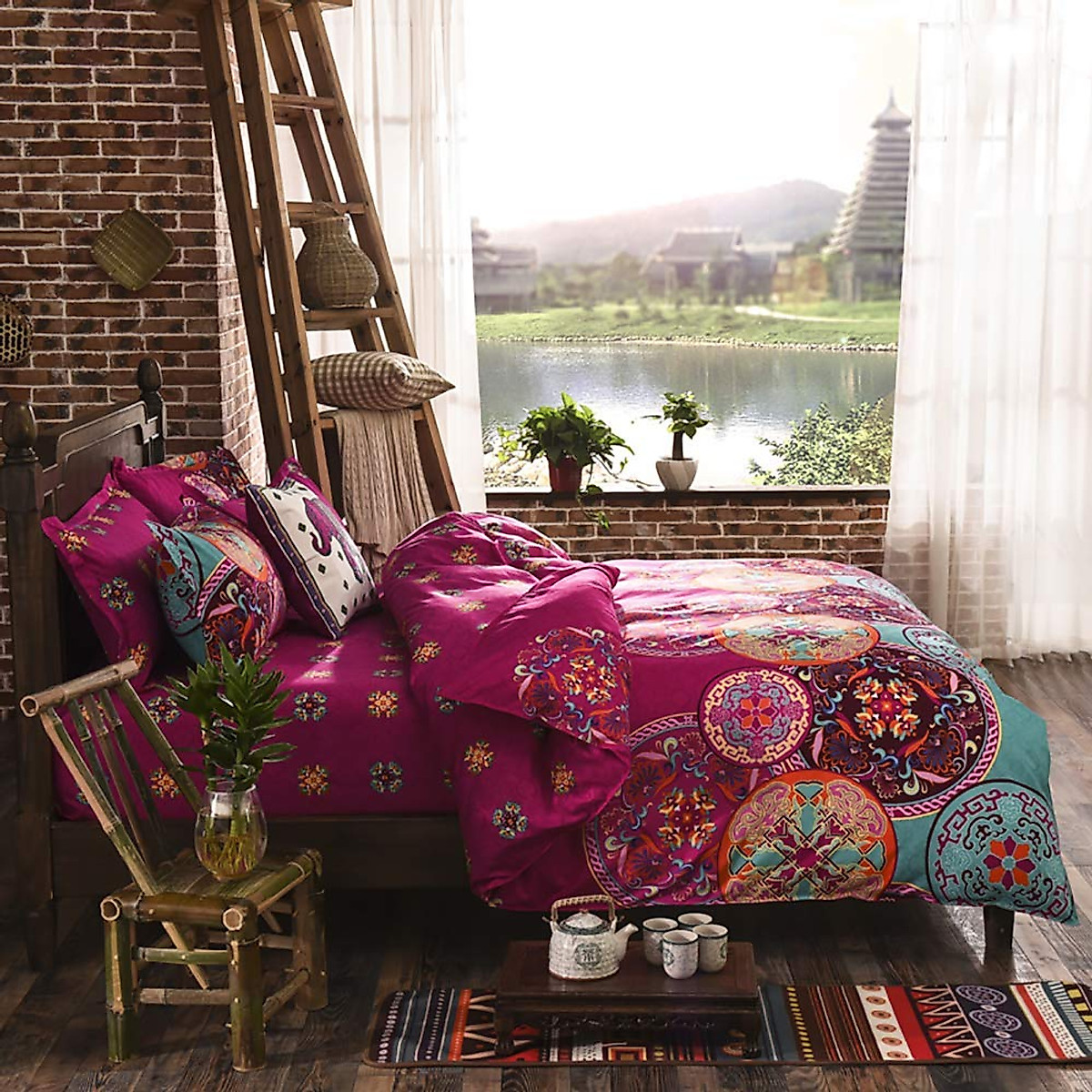 DasyFly 4PCS Bohemian Bedding Lightweight Microfiber Boho Duvet Cover Set Full Queen Size Rose Red Floral Bedding Mandala Duvet Cover with Zipper