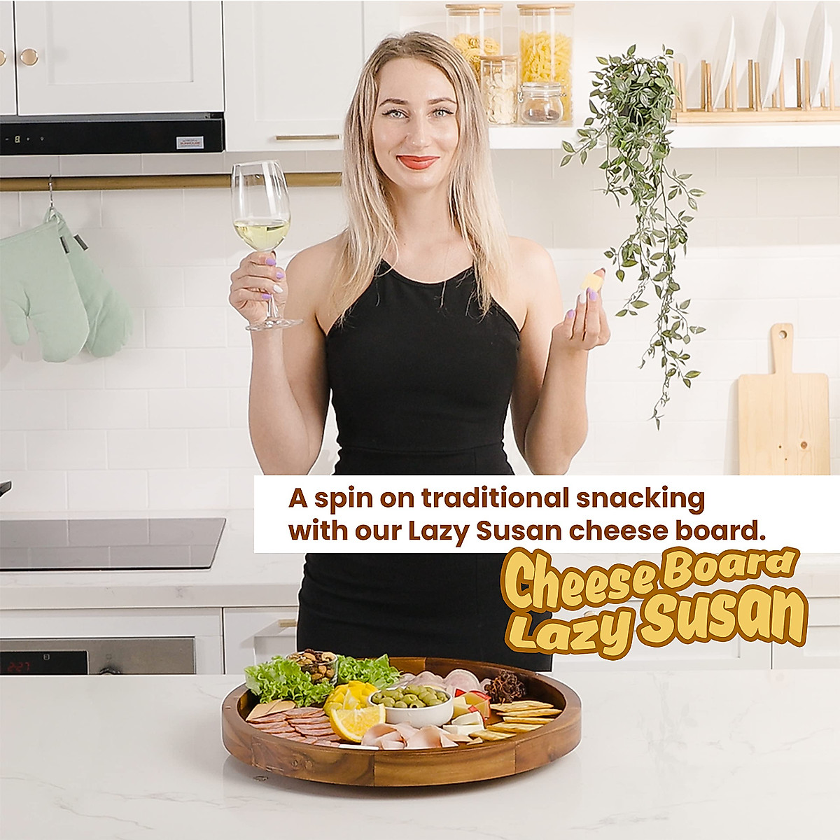 RABAHA 16" Acacia Lazy Susan Organizer for Table - Wooden Lazy Susan Turntable for Cabinet - Kitchen Turntable Storage Food Bins Container for Pantry, Countertop (Acacia Wood)