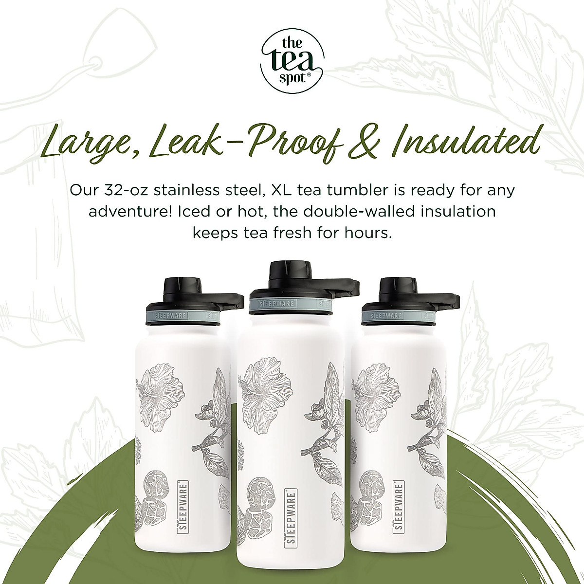The Tea Spot Himalayan Tea Tumbler - Travel Bottle with Tea Infuser for Loose Leaf Tea or Iced Coffee - 32oz, White-Etched - Double-Walled Insulated Bottle - Keeps Drinks Hot & Cold for Hours