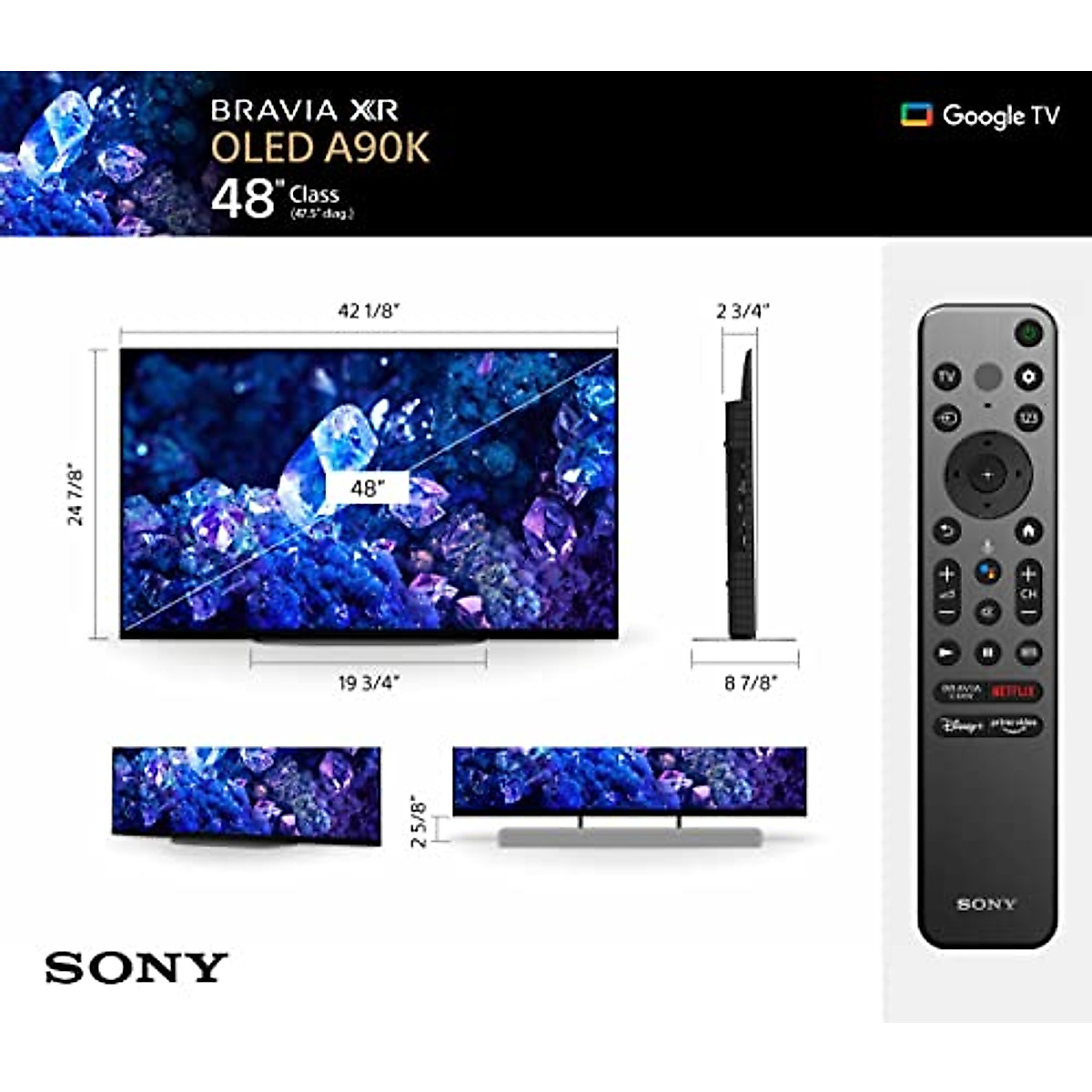 Sony 48 Inch 4K Ultra HD TV A90K Series: BRAVIA XR OLED Smart Google TV with Dolby Vision HDR, Bluetooth, Wi-Fi, USB, Ethernet, HDMI and Exclusive Features for The Playstation- 5 XR48A90K- 2022 Model
