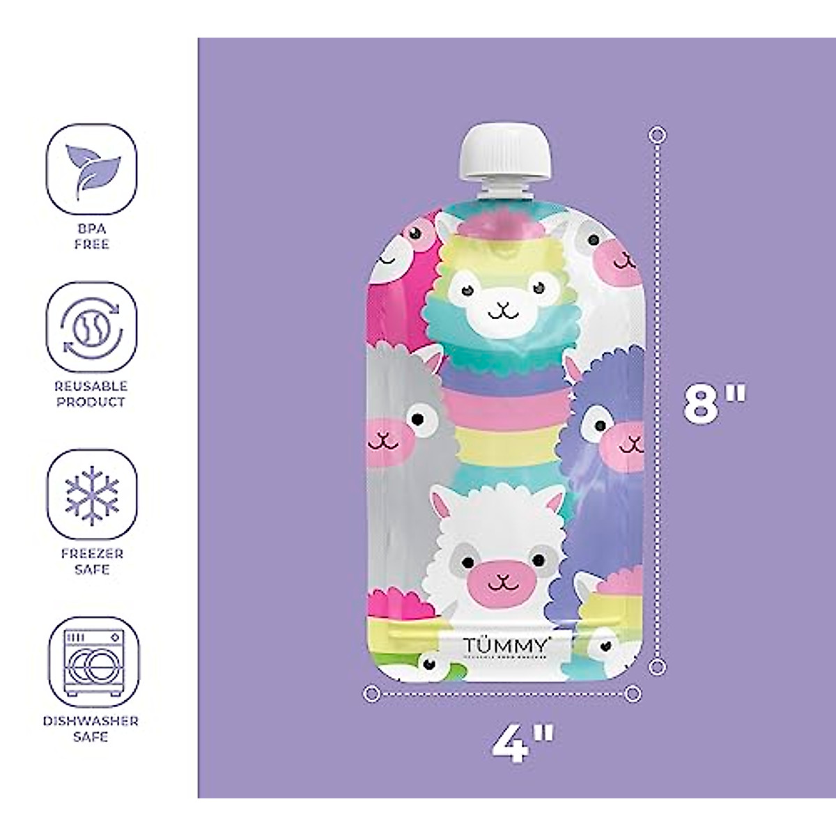 Tummy Reusable Baby Food Storage Pouches for Toddlers and Kids | 8 pack | Refillable for Applesauce, Smoothies, Yogurt & Puree Squeeze Pouch | 5oz | BPA Free & Freezer Safe