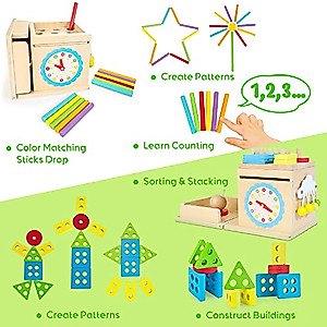 JUSTWOOD Montessori Toys for 1 2 3 Years Old Kids, 8-in-1 Wooden Play Kit Includes Object Permanent Box, Sensory Learning Activity Cube, Bonus Stacking & Sorting Toy, Gift for Toddlers Age 12+ Months