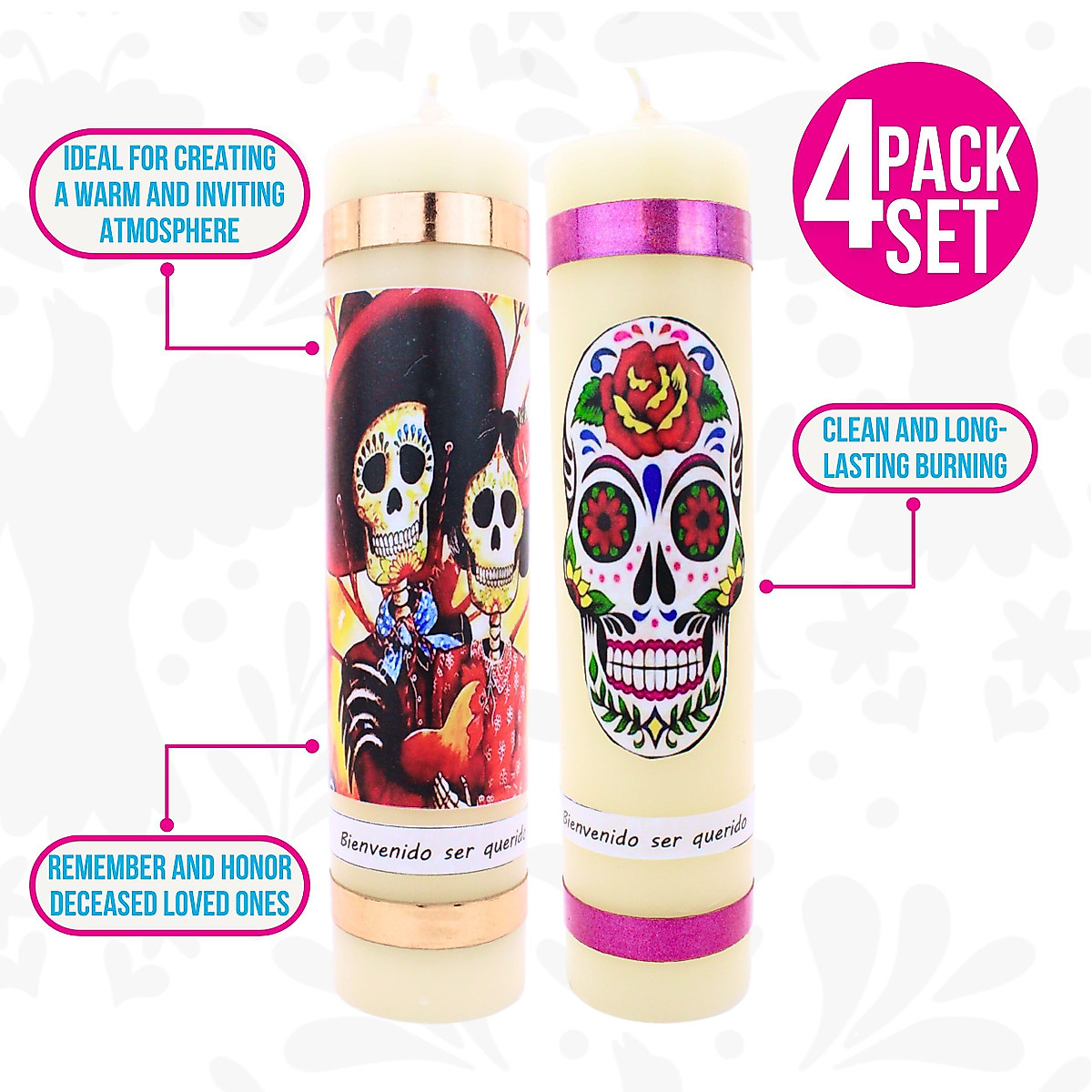 Halloween Candles Set of 4 Slow Burning Made of Premium Wax - Candles Dia de Los Muertos Candles - Day of The Dead Decorations for Altar - Dia de Muertos Decorations - Dia de Los Muertos Altar