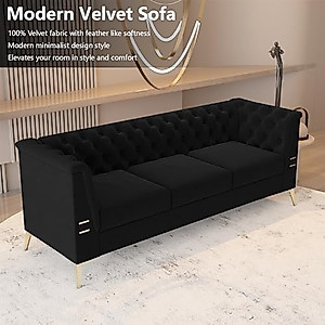 LaiBiKe Mid Century Velvet Couches 83" 2 Seater Living Room Sofa Comfortable Black Couch Solid Wood Frame Metal Legs for Guest Room Playroom Bedroom(03-Black-83)