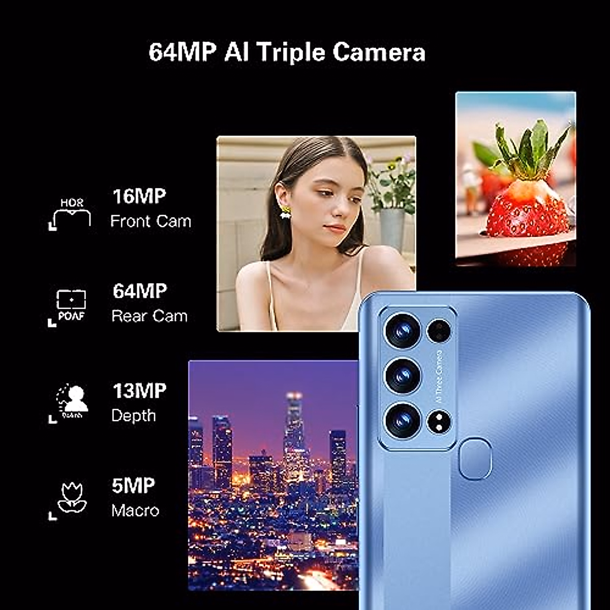 ExAchat Rino9 Pro 5G Unlocked Smartphone,Android 13 Phone 6GB+256GB 6.6" FHD+ Display 90Hz 64MPAI Camera Cell Phones Unlocked 5500mAh Dual SIM/GPS/Fingerprint/Face ID(Blue)