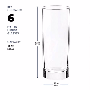 Paksh Novelty Italian Highball Glasses [Set of 6] Clear Heavy Base Tall Bar Glass - Drinking Glasses for Water, Juice, Beer, Wine, Whiskey, and Cocktails | 13-Ounce Cups