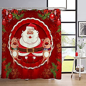 ArtSocket 4 Pcs Shower Curtain Set Red Santa Reindeer Merry Christmas Winter Xmas with Non-Slip Rugs Toilet Lid Cover and Bath Mat Bathroom Decor Set 72" x 72"