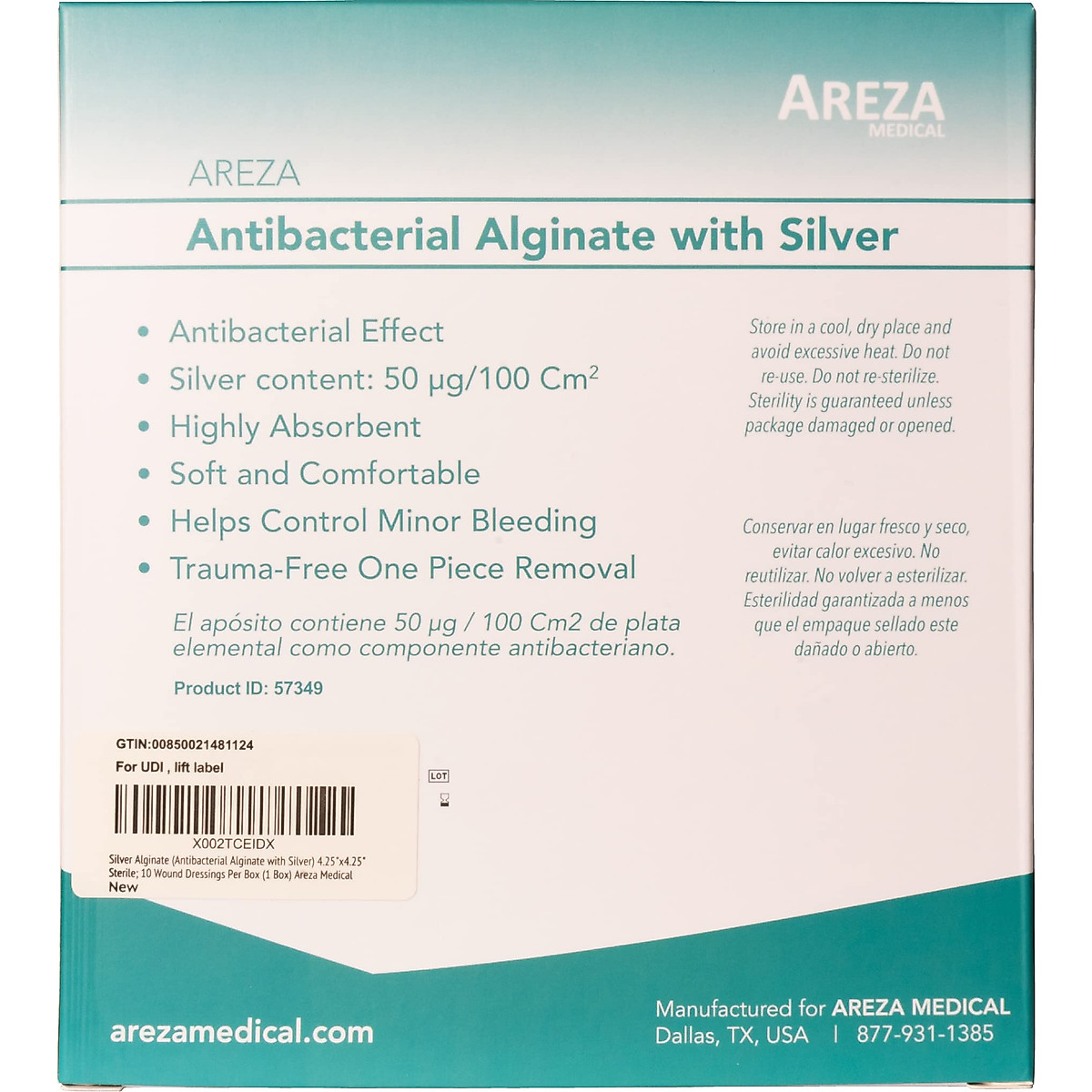 Silver Alginate (Antibacterial Alginate with Silver) 4.25"x4.25" Sterile; 10 Wound Dressings Per Box (1 Box) Areza Medical