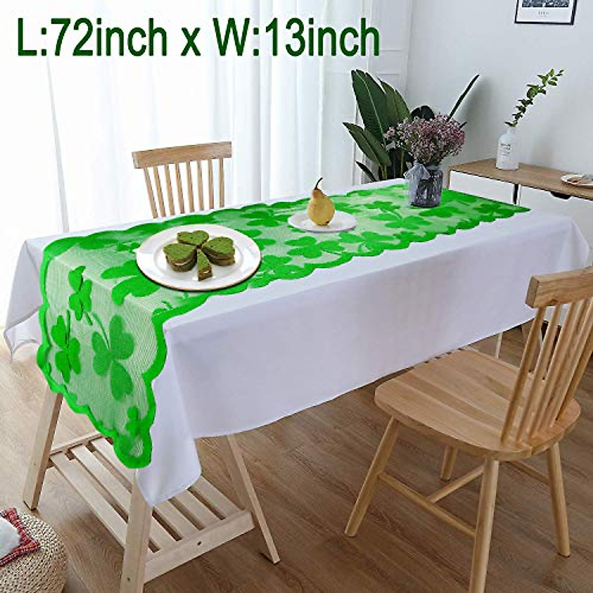 Camlinbo St Patrick's Day Decorations St Patrick's Day Table Runner Green Clovers Print 13x72 Inch Irish Clovers Embroidered Table Runner for Home Irish Party Favor Lucky Day Decoration Table Runner